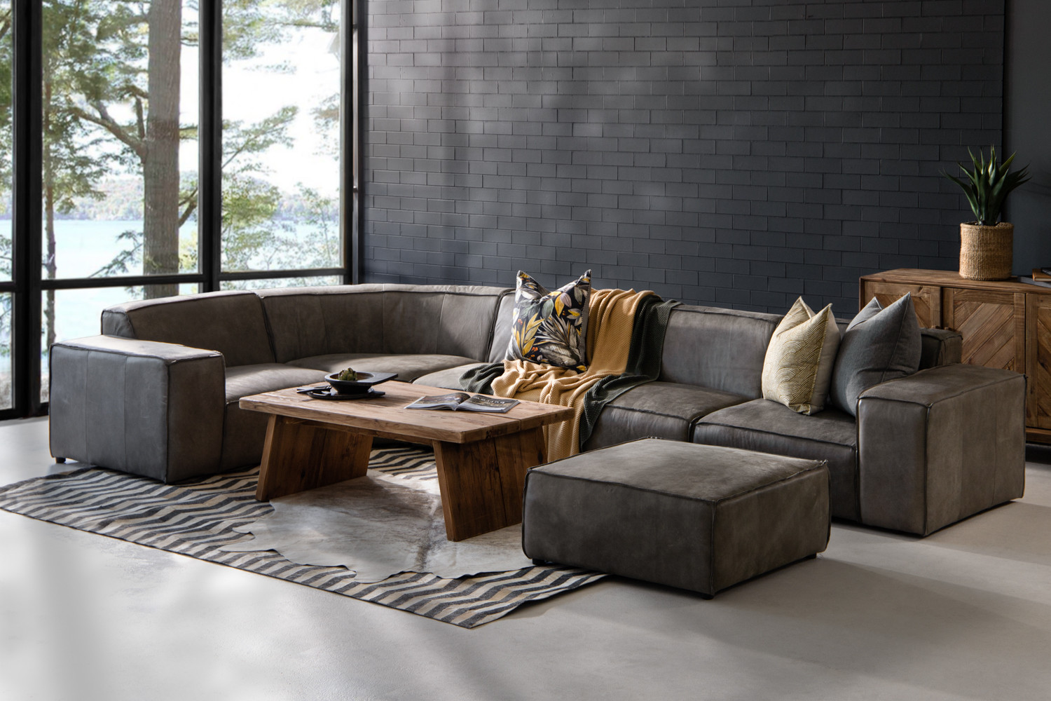 Jagger Leather Modular - Grand Corner Couch with Ottoman - Graphite | Cielo