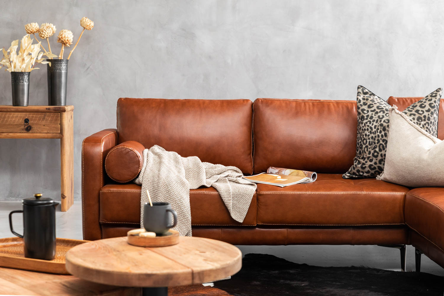 Hayden Leather Corner Couch - Burnt Tan For Sale | Cielo