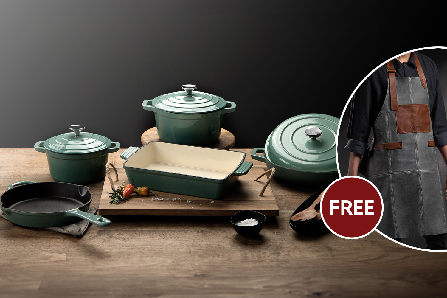 Nouvelle Cookware Set - Misty Teal & Apron - Ash & Brown | Cielo