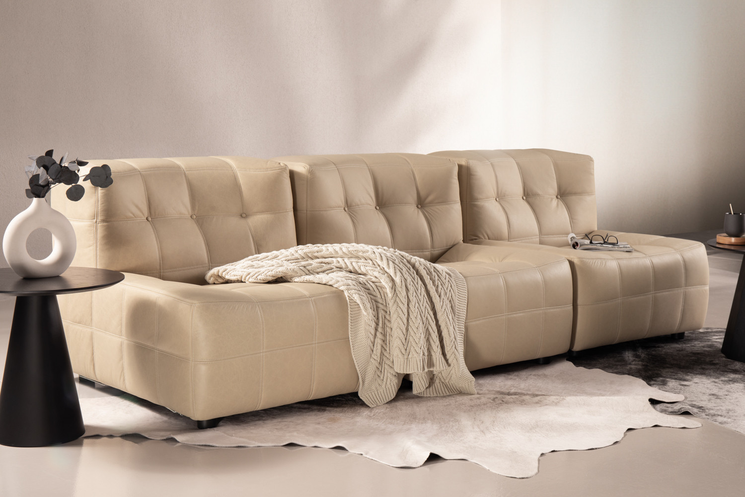 Orson Modular Open 3-Seater Leather Couch - Ivory | Cielo