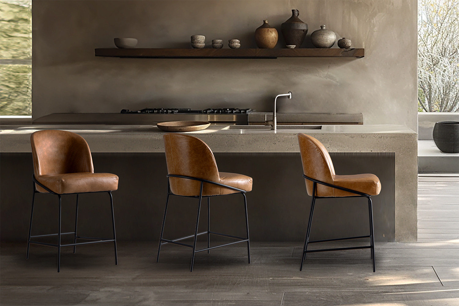 Curva Leather Counter Bar Chair - Dawn Tan | Stylish Mid-Century ...
