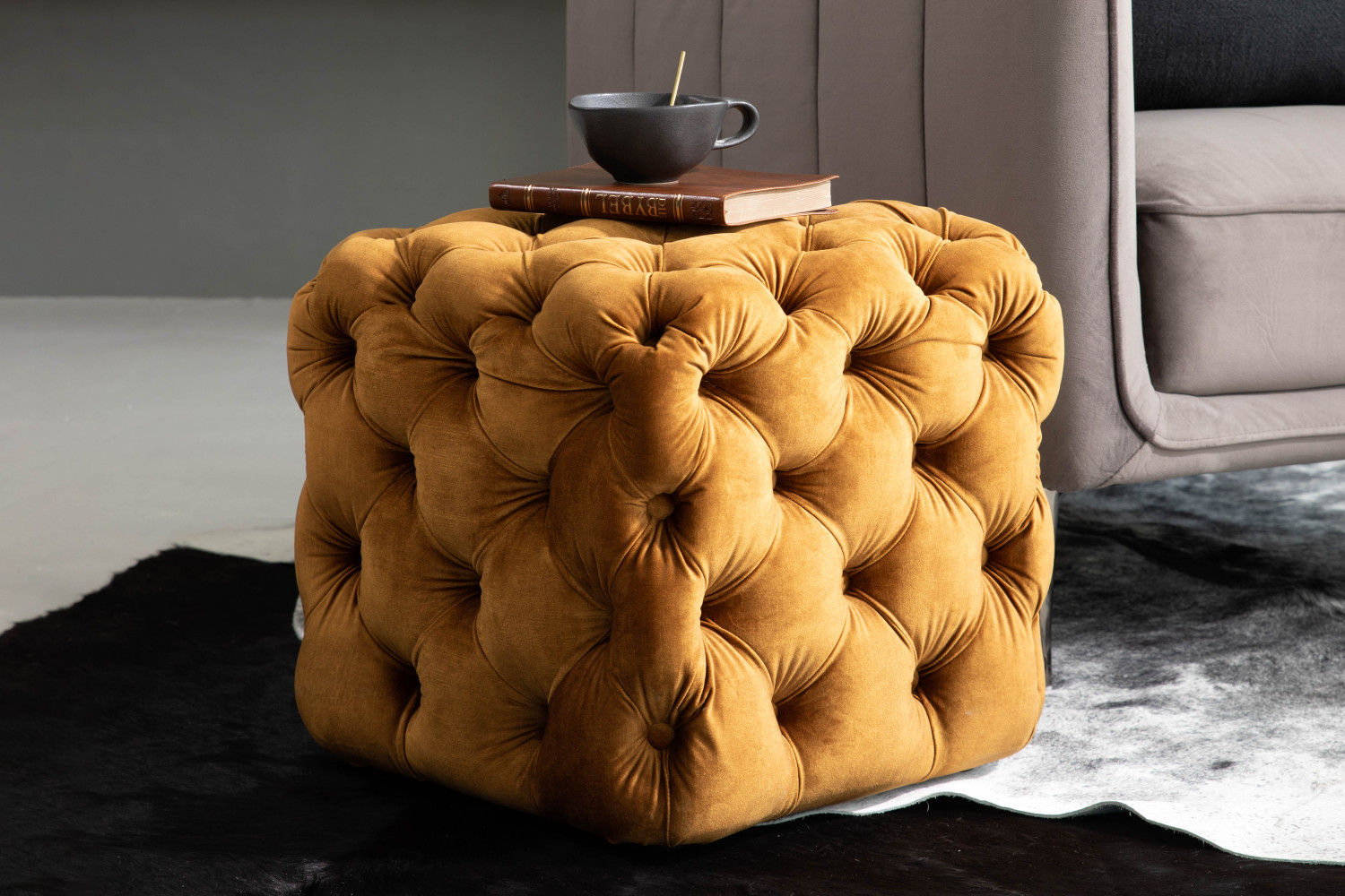 Barkley Velvet Tufted Cube Ottoman - Aged Mustard | Cielo