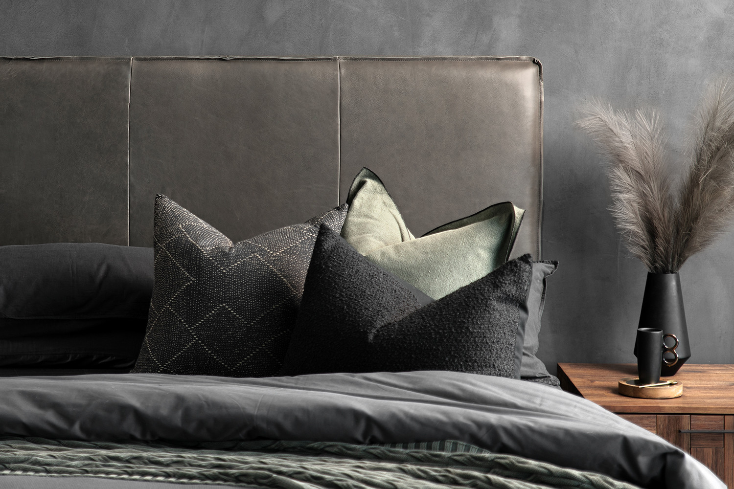 Matlock Leather Headboard Double Charcoal For Sale | Cielo