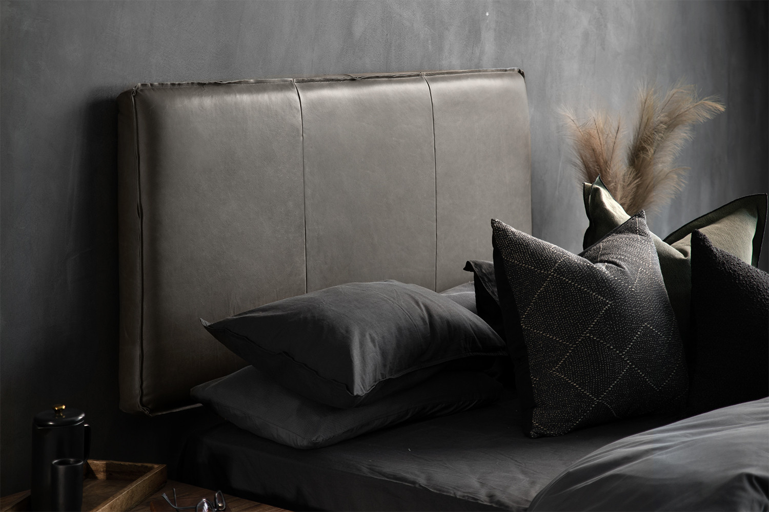 Matlock Leather Headboard Double Charcoal For Sale | Cielo